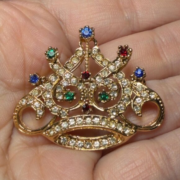 Jewelry | Crown Brooch Rhinestone Gold Tone Tiara Pin Multicolor ...